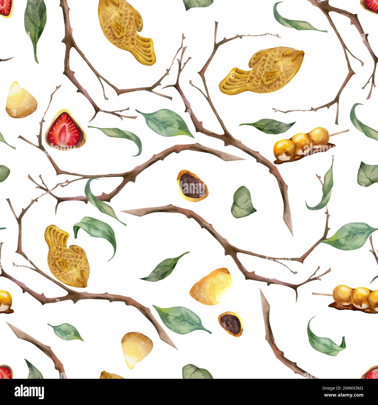 Watercolor seamless pattern with hand drawn traditional Japanese sweets ...