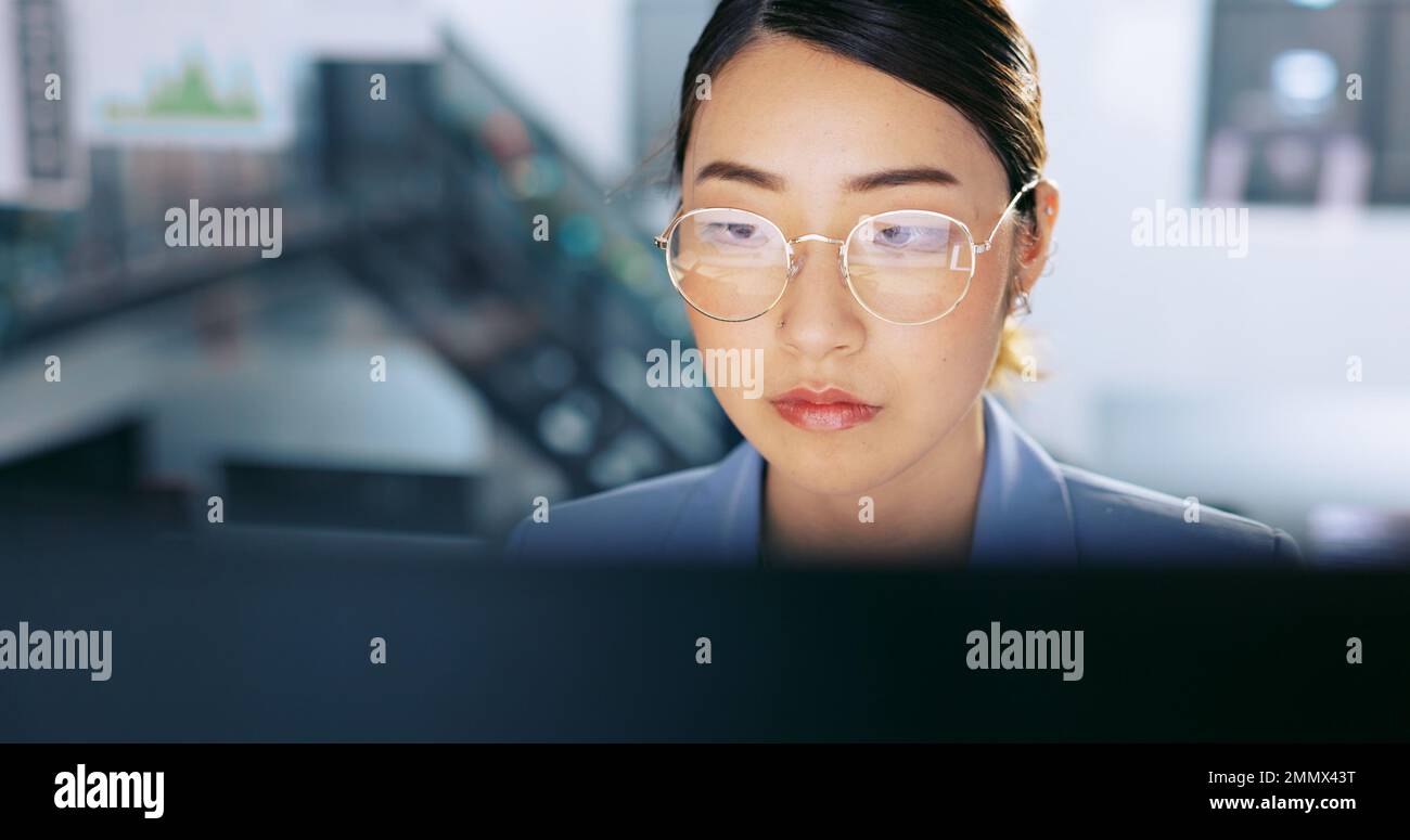 Face, glasses and management with a business asian woman at work on a ...