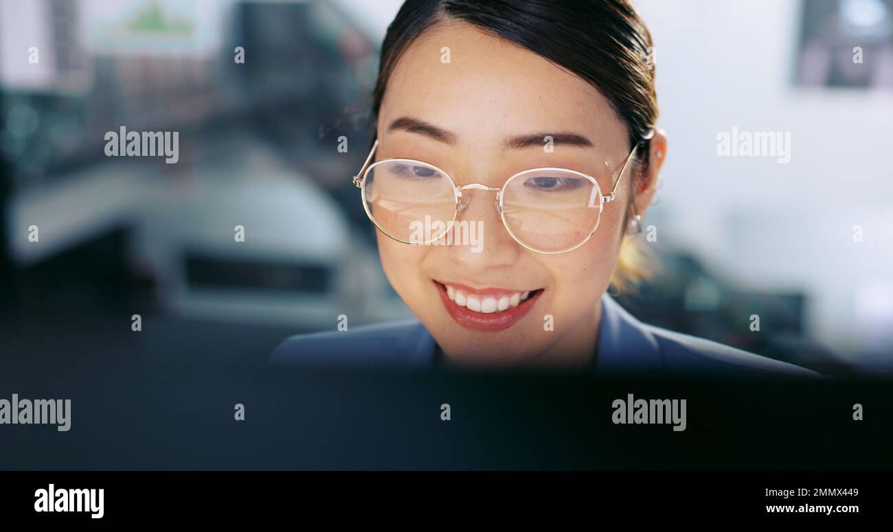 Business woman, face and work at computer, typing report or proposal ...