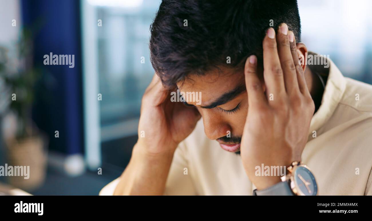 Headache pain, stress anxiety and man with migraine problem, workout ...