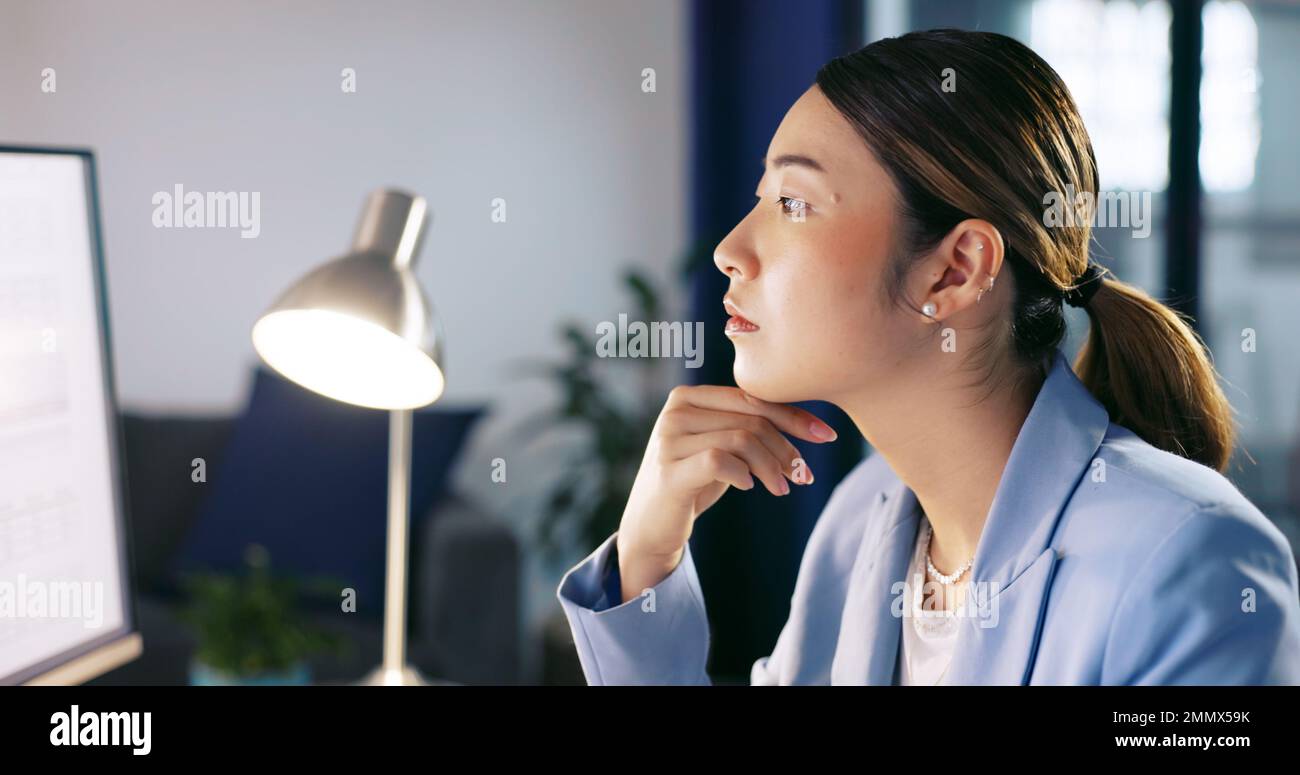 Asian accountant and woman at computer thinking while checking budget on work screen in office ...