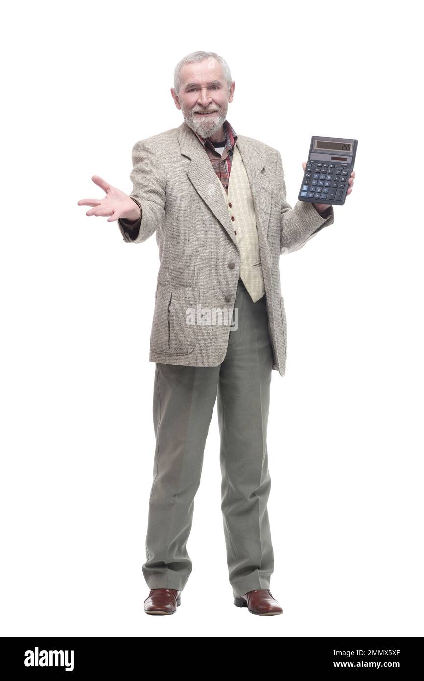 elderly business man with a calculator. isolated on a white background ...