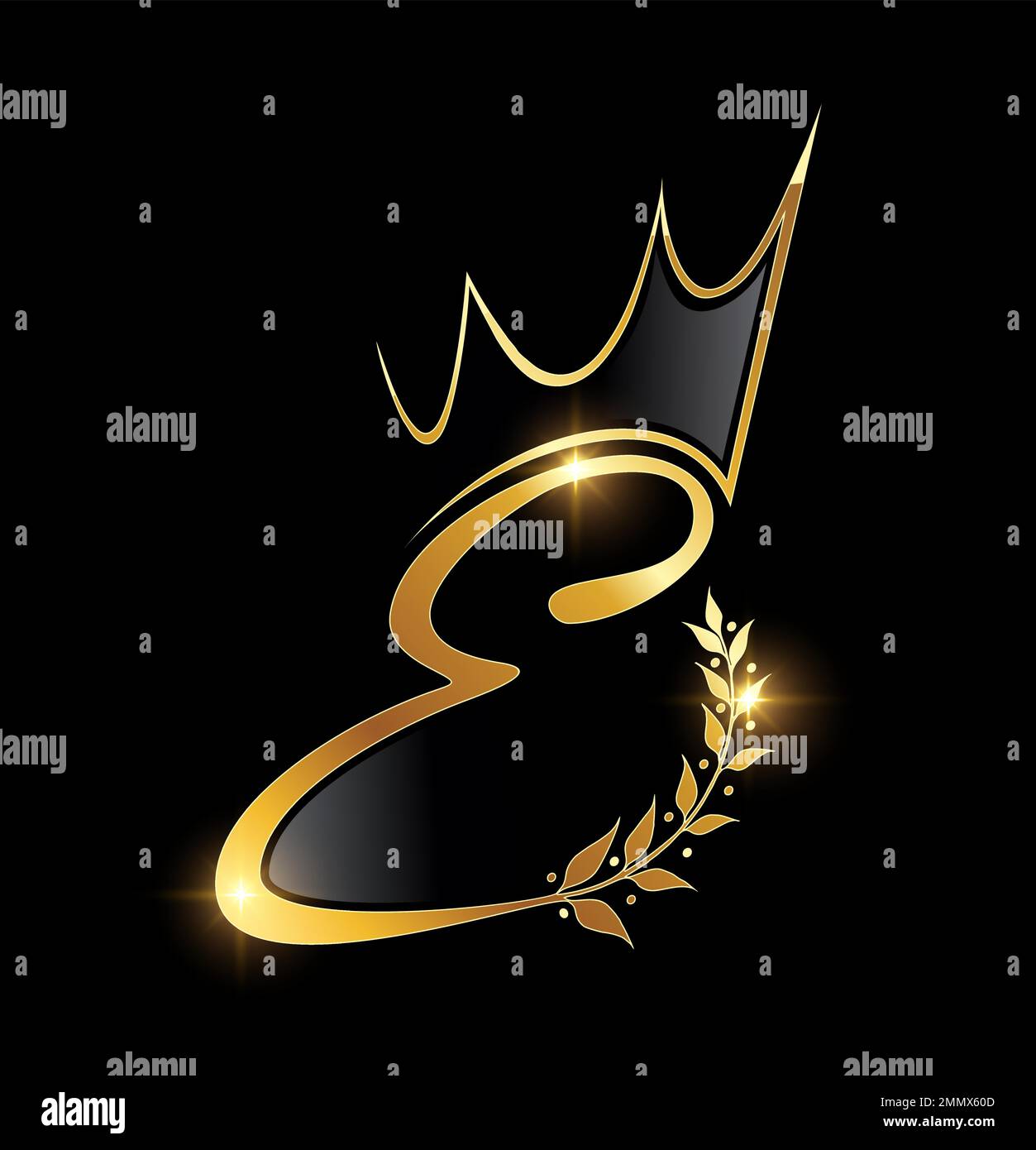 Vector Illustration of Gold Crown and Leaf Monogram Initial letter E in black background with ...