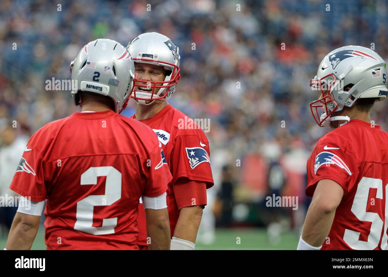 New England Patriots quarterbacks Tom Brady, center, Brian Hoyer, left ...