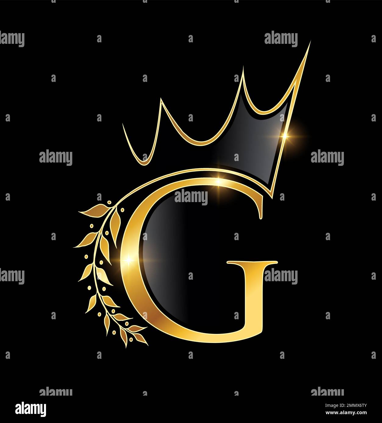 Vector Illustration of Gold Crown and Leaf Monogram Initial letter G in ...