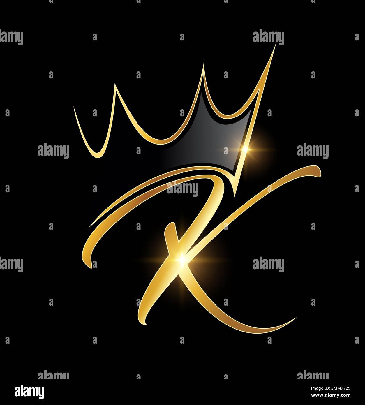 Vector Illustration of Gold Crown and Leaf Monogram Initial letter K in black background with ...