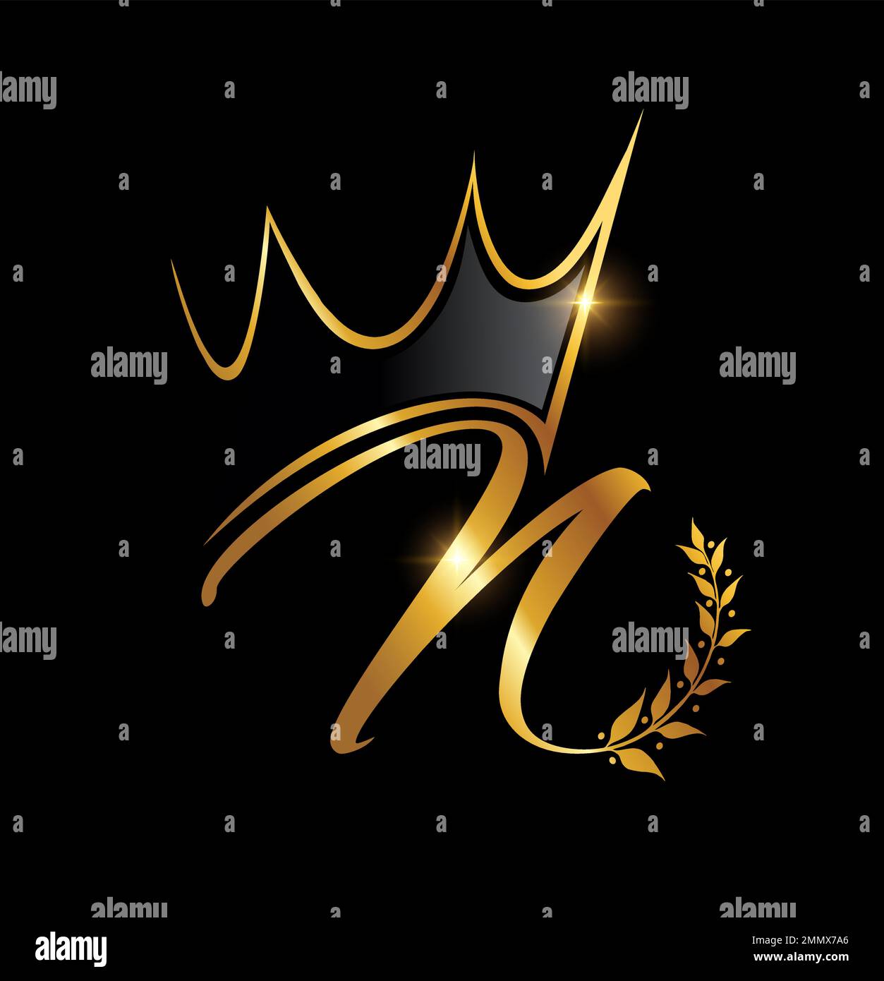 Vector Illustration of Gold Crown and Leaf Monogram Initial letter N in black background with ...