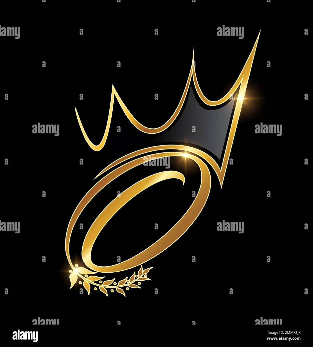 Vector Illustration of Gold Crown and Leaf Monogram Initial letter O in black background with ...