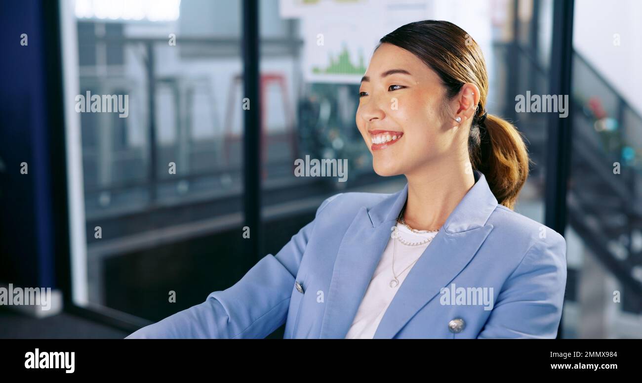 Business woman, happy and smile with success, target goal reach and job ...