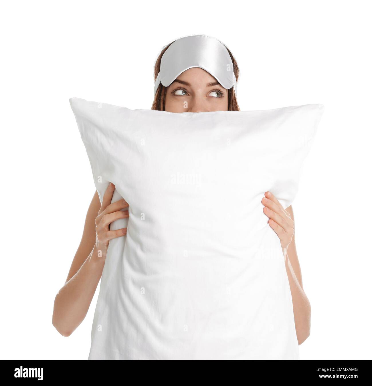 Beautiful woman with pillow and sleep mask on white background. Bedtime ...