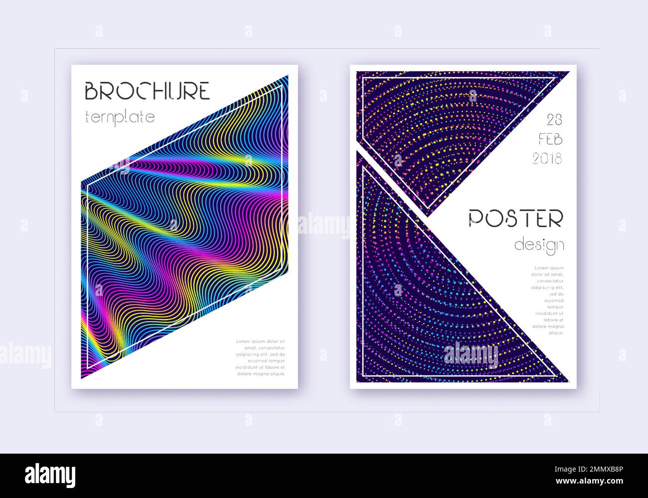Triangle cover design template set. Rainbow abstract lines on dark blue ...