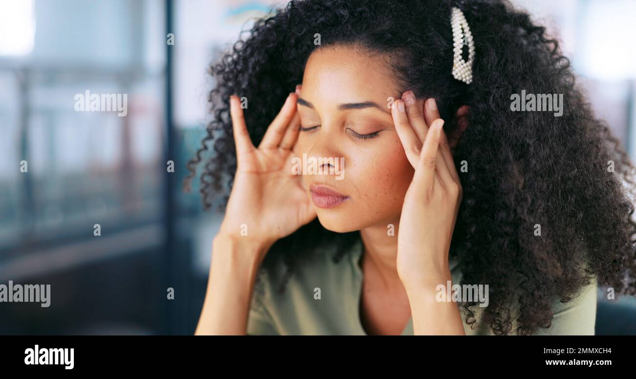 Burnout, headache and stress massage of black woman worker in office ...