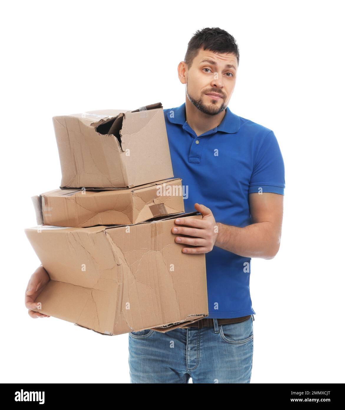 Emotional courier with damaged cardboard boxes on white background ...
