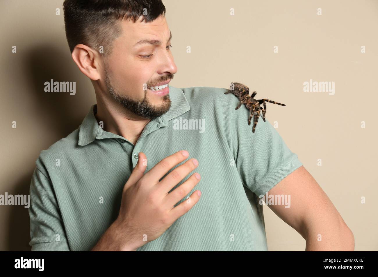 Scared man with tarantula on beige background. Arachnophobia (fear of ...