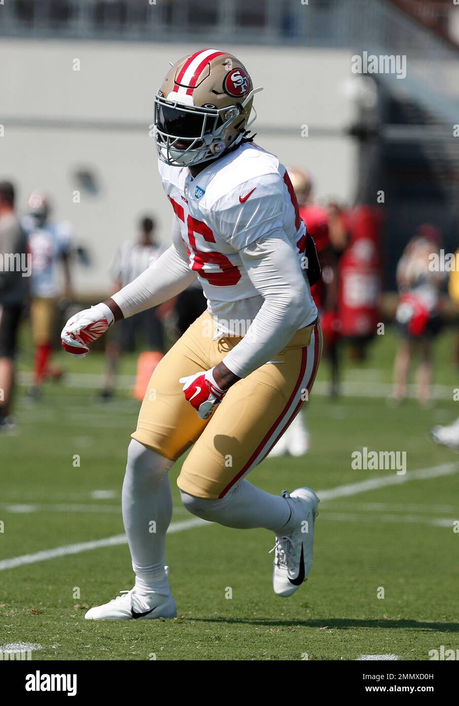 San Francisco 49ers linebacker Reuben Foster runs during NFL football practice at the team's ...