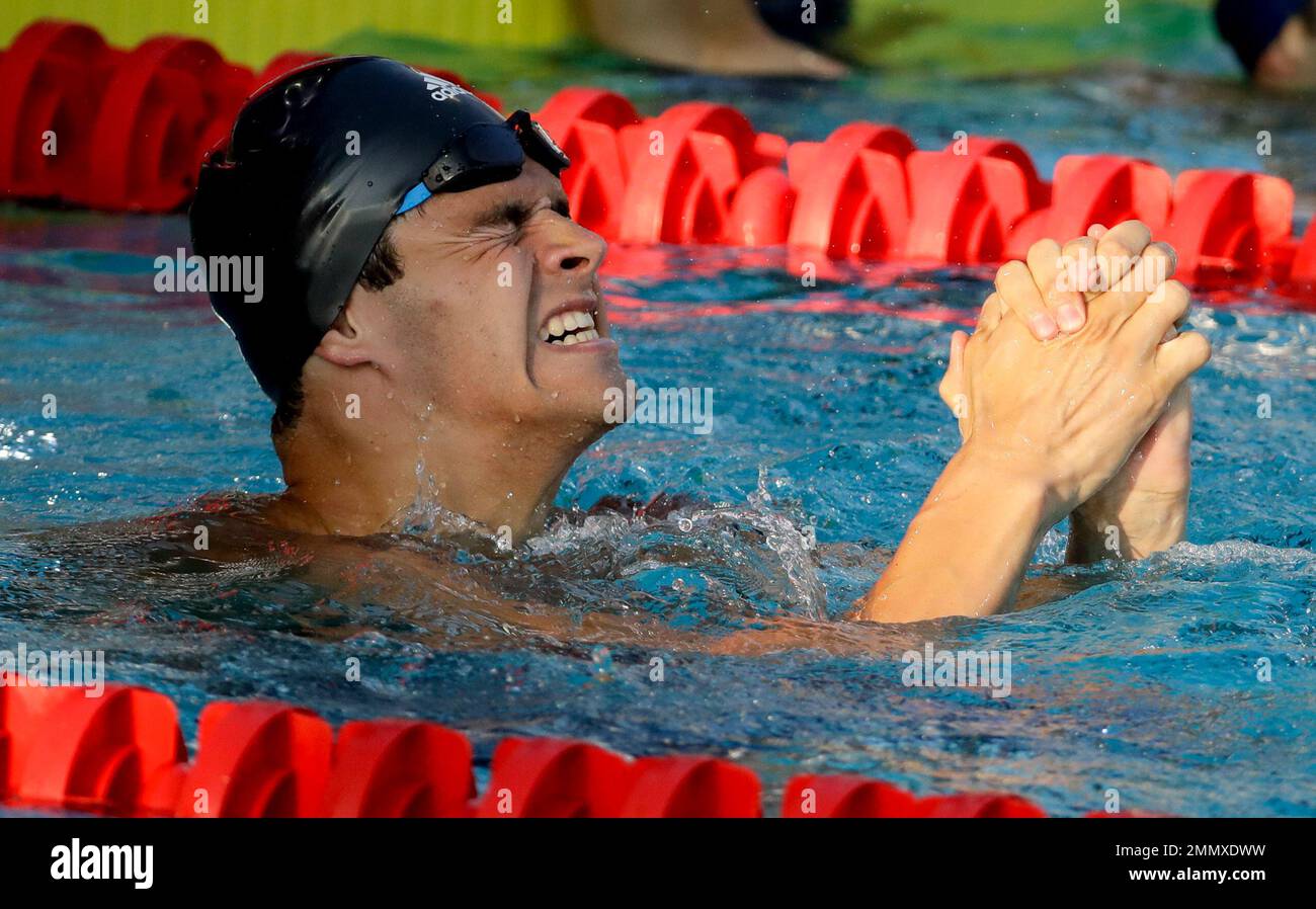 Michael Andrew celebrates after winning the men's 100-meter ...