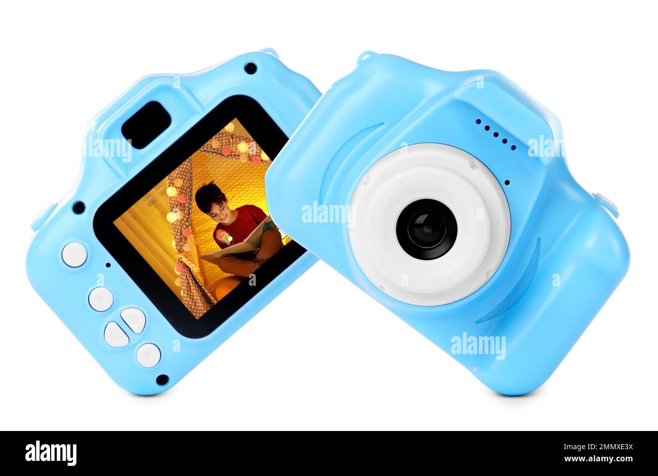 Blue toy cameras on white background in collage, one with photo of boy ...