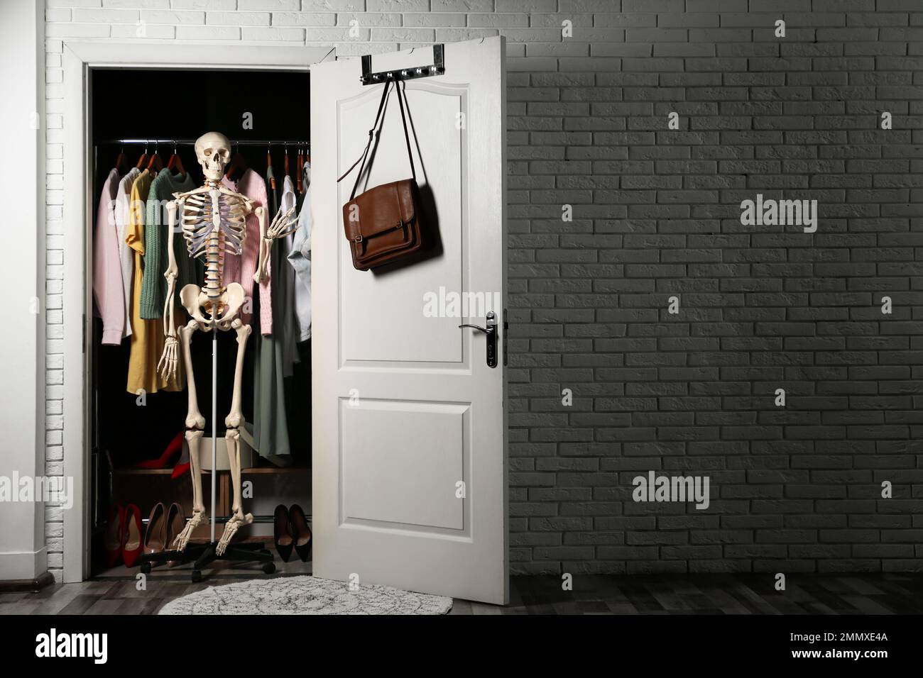 Artificial human skeleton model in wardrobe room, space for text Stock ...