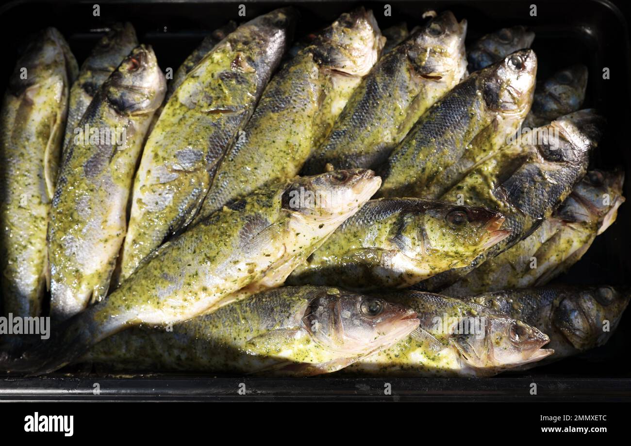 Fresh marinated fish in supermarket, top view Stock Photo - Alamy