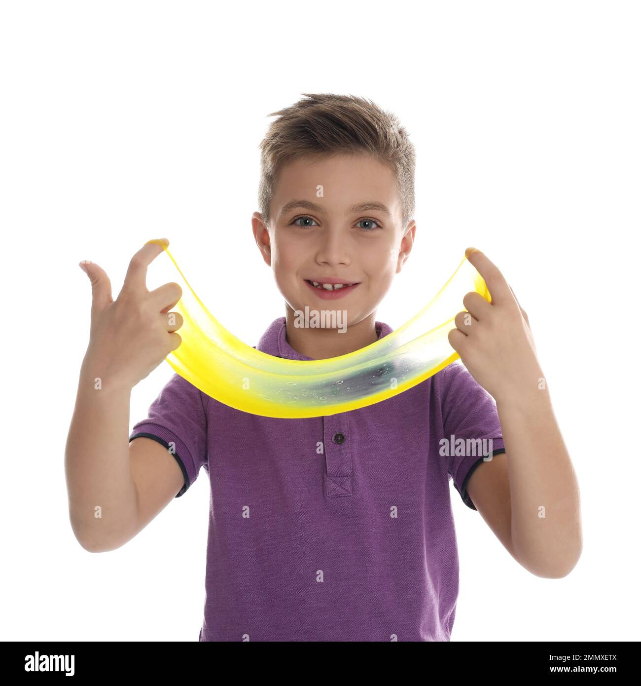 Little boy with slime on white background Stock Photo - Alamy