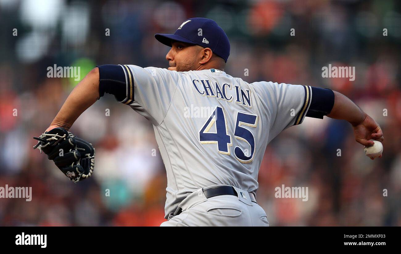 Milwaukee Brewers pitcher Jhoulys Chacin works against the San ...