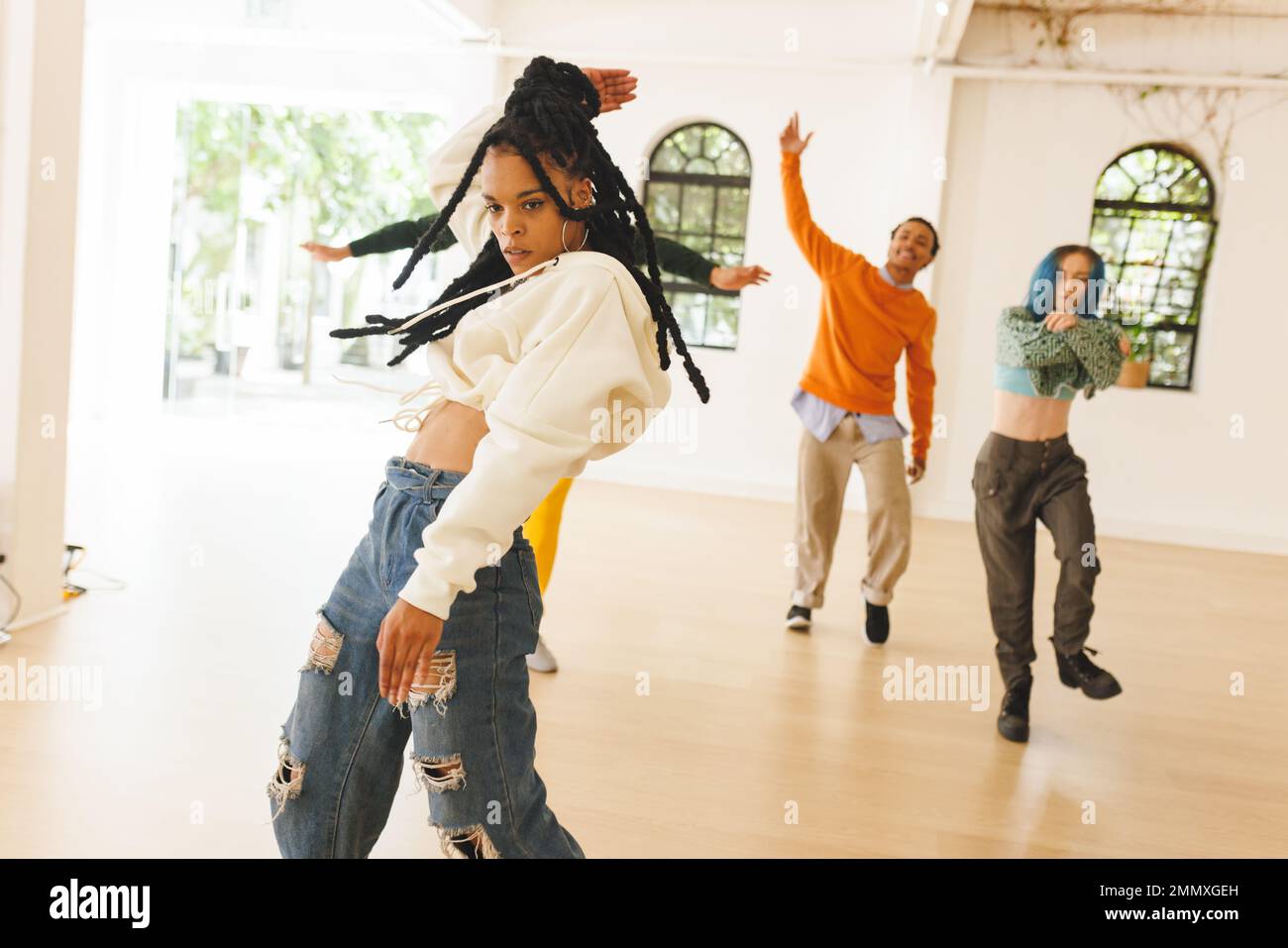 Image of diverse female and male hip hop dancers during training in ...