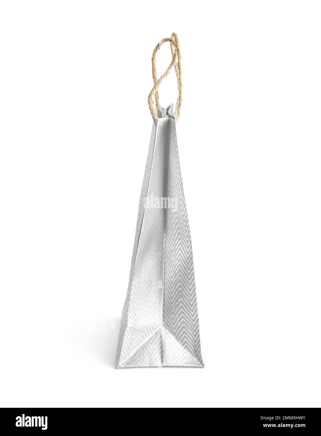 Silver paper shopping bag isolated on white Stock Photo - Alamy