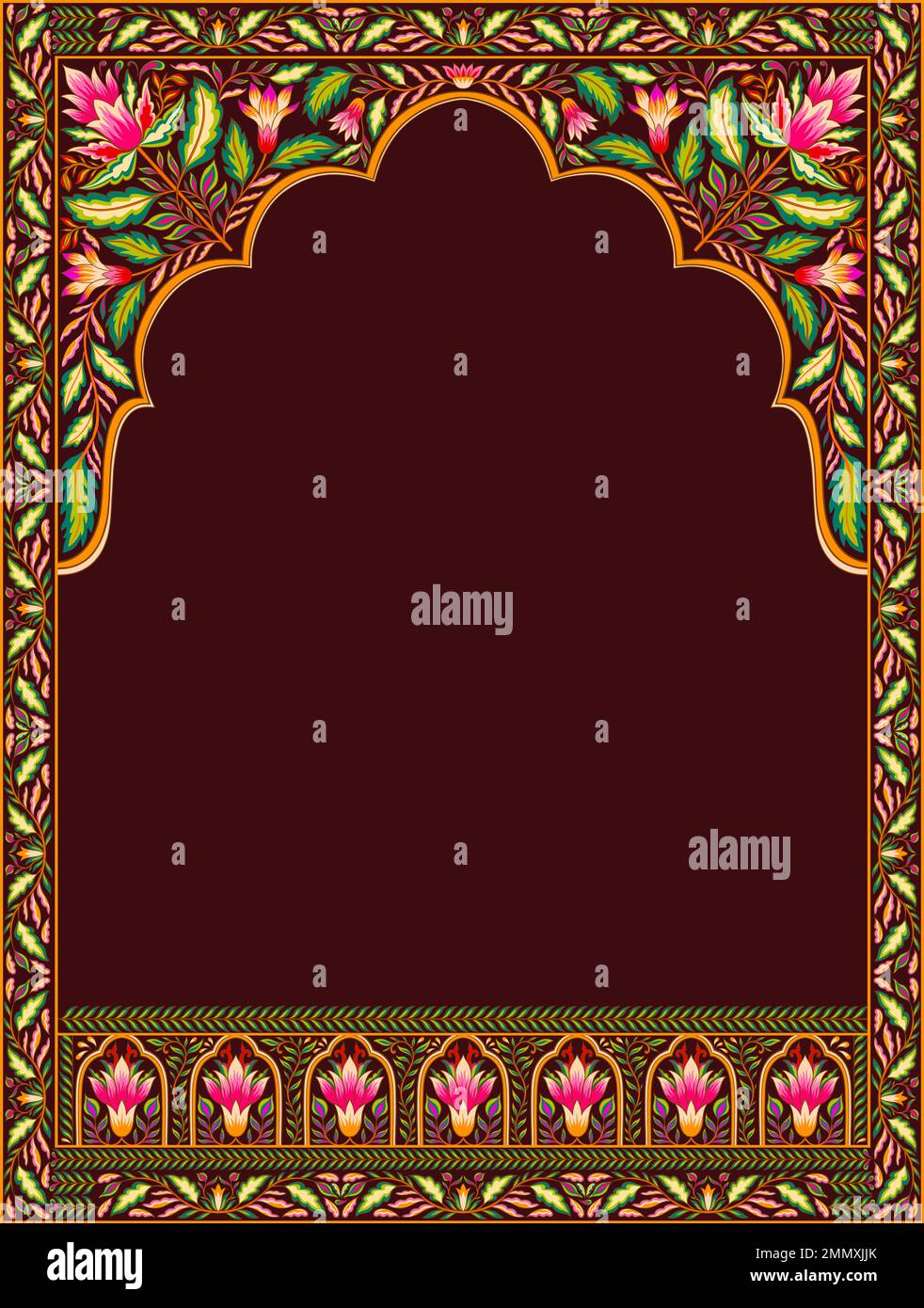 Mughal floral traditional ornament with an arch and a motif borders ...