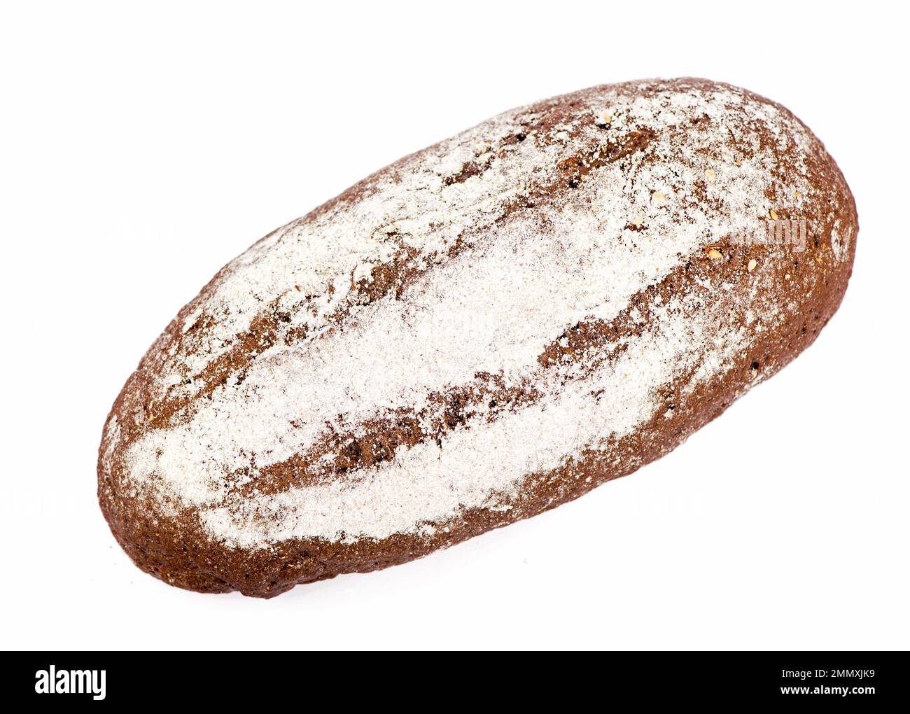 Petite sprinkling flour bread lies on a white background Stock Photo ...