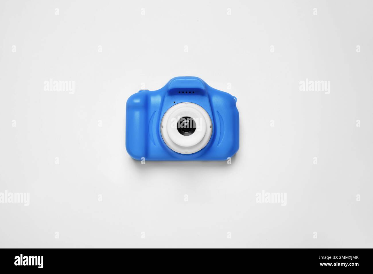 Toy camera isolated on white, top view. Classic blue - color of the ...