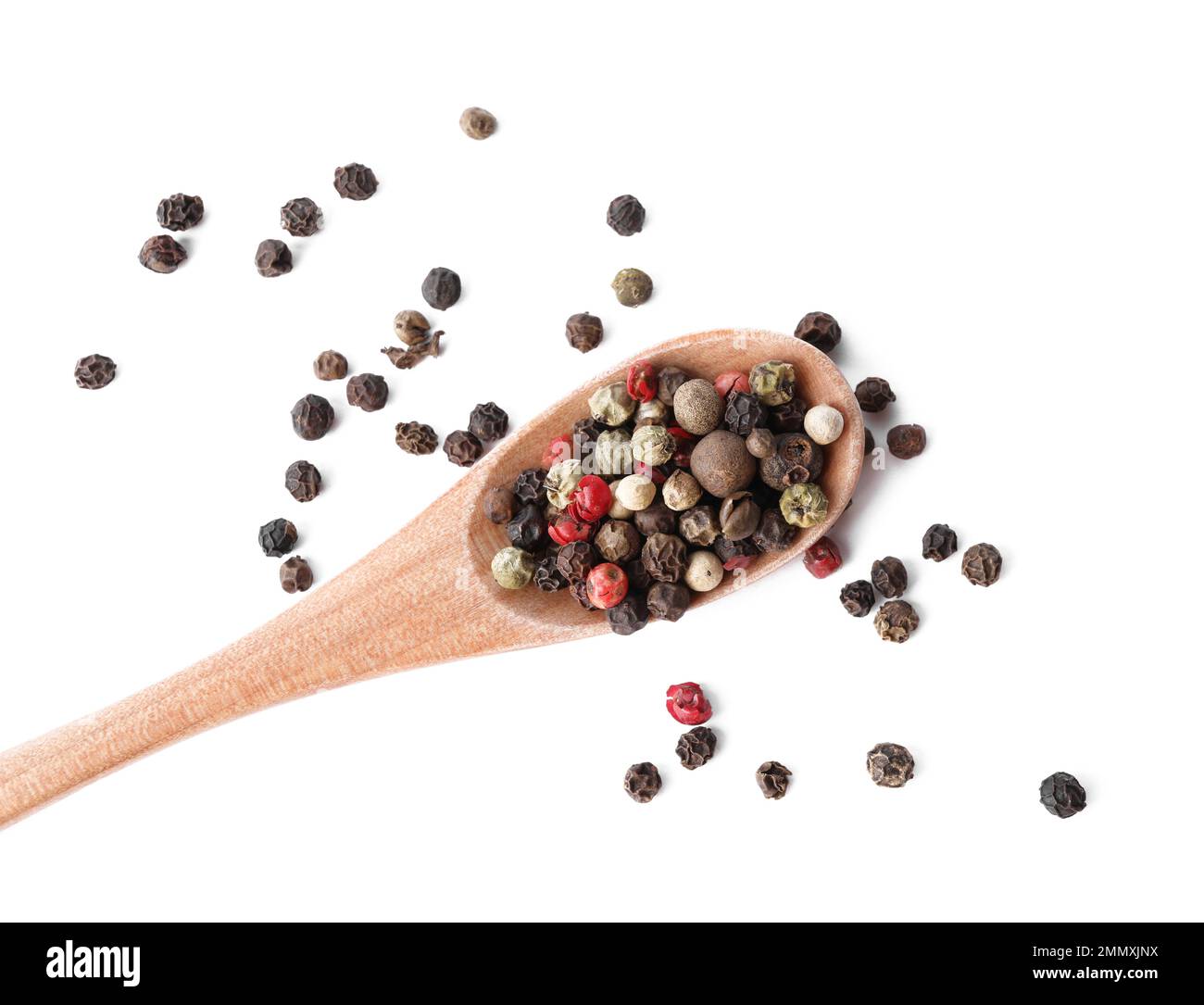 Mix of different pepper grains isolated on white, top view Stock Photo ...