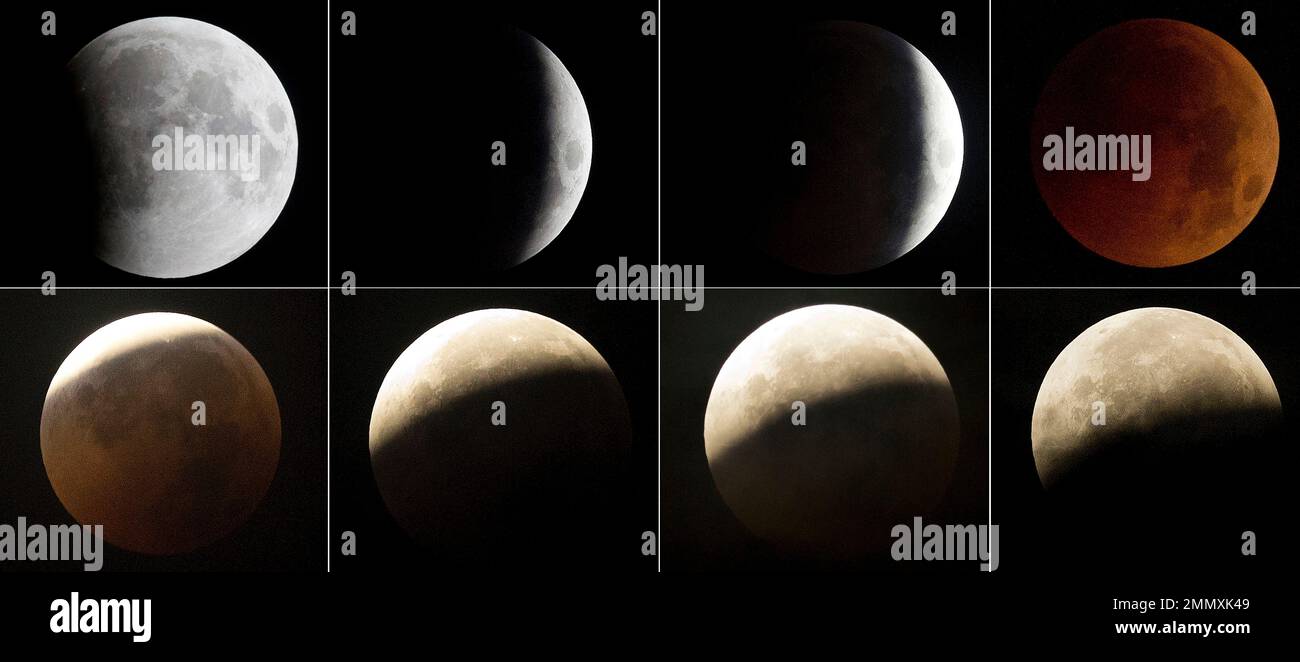 This combination of eight photos shows the different stages of the moon ...