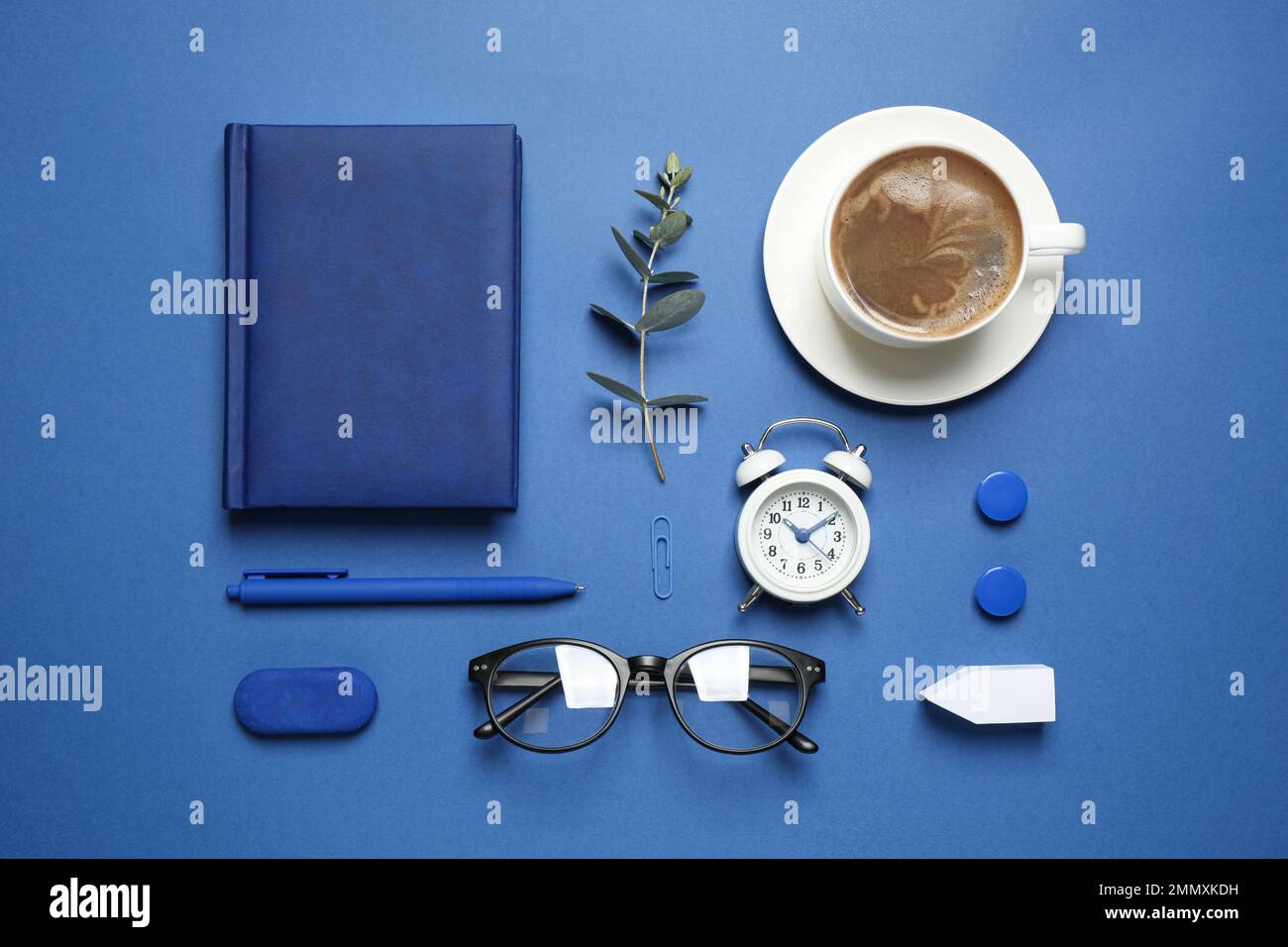 Flat lay composition inspired by color of the year 2020 (Classic blue ...