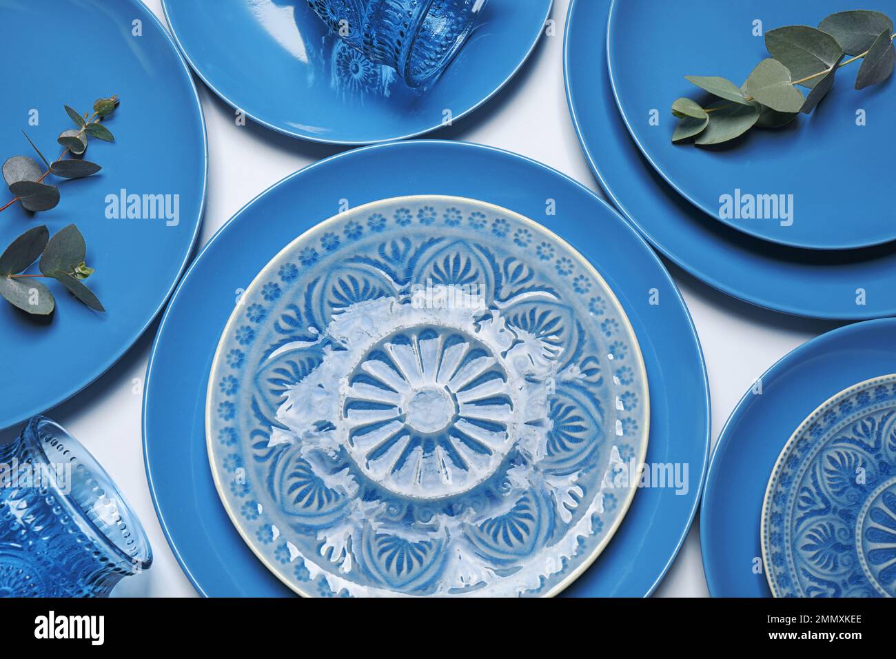 Flat lay composition inspired by color of the year 2020 (Classic blue ...