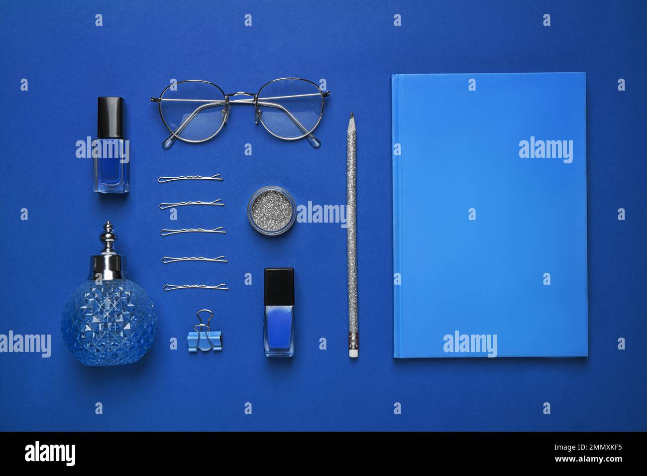 Flat lay composition inspired by color of the year 2020 (Classic blue ...