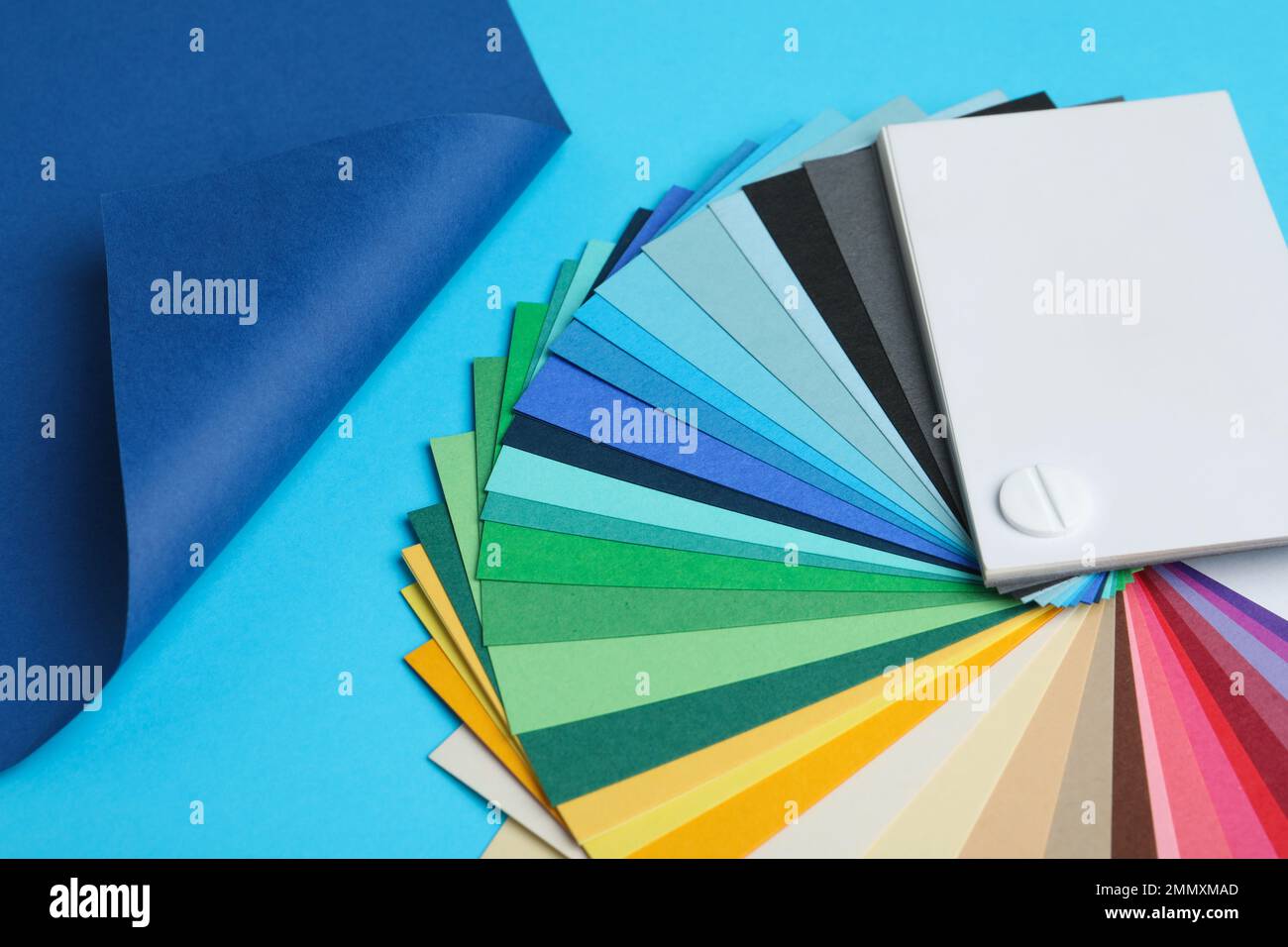 Color palette and bright paper on light blue background Stock Photo - Alamy