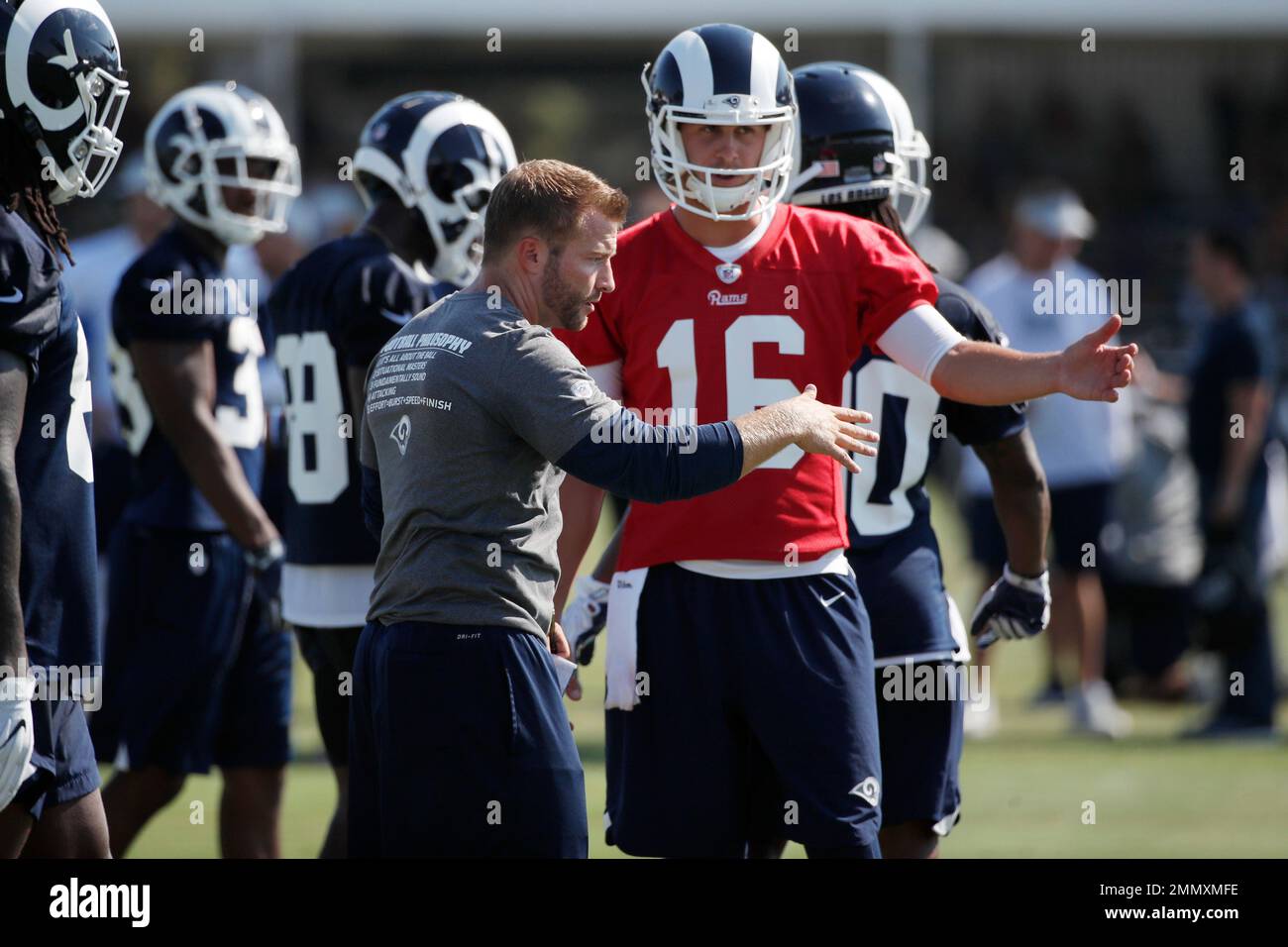 Los Angeles Rams coach Sean McVay talks to quarterback Jared Goff ...