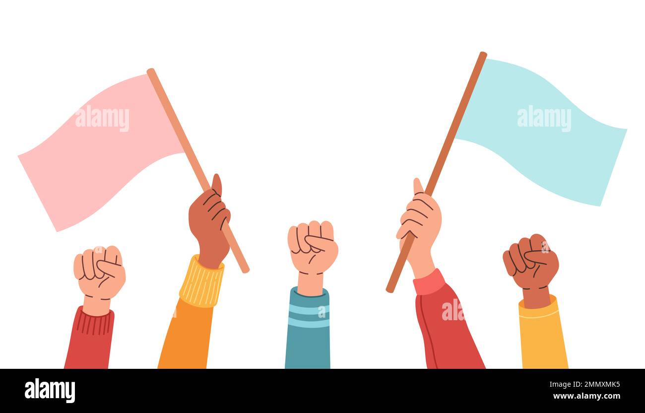 People holding flags on protest demostration or picket. People against ...