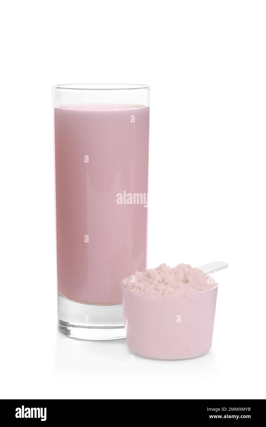 Protein shake and powder isolated on white Stock Photo - Alamy