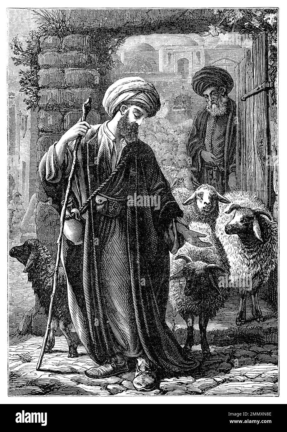 Vintage 19th century engraving of a shepherd in the Middle East in ...