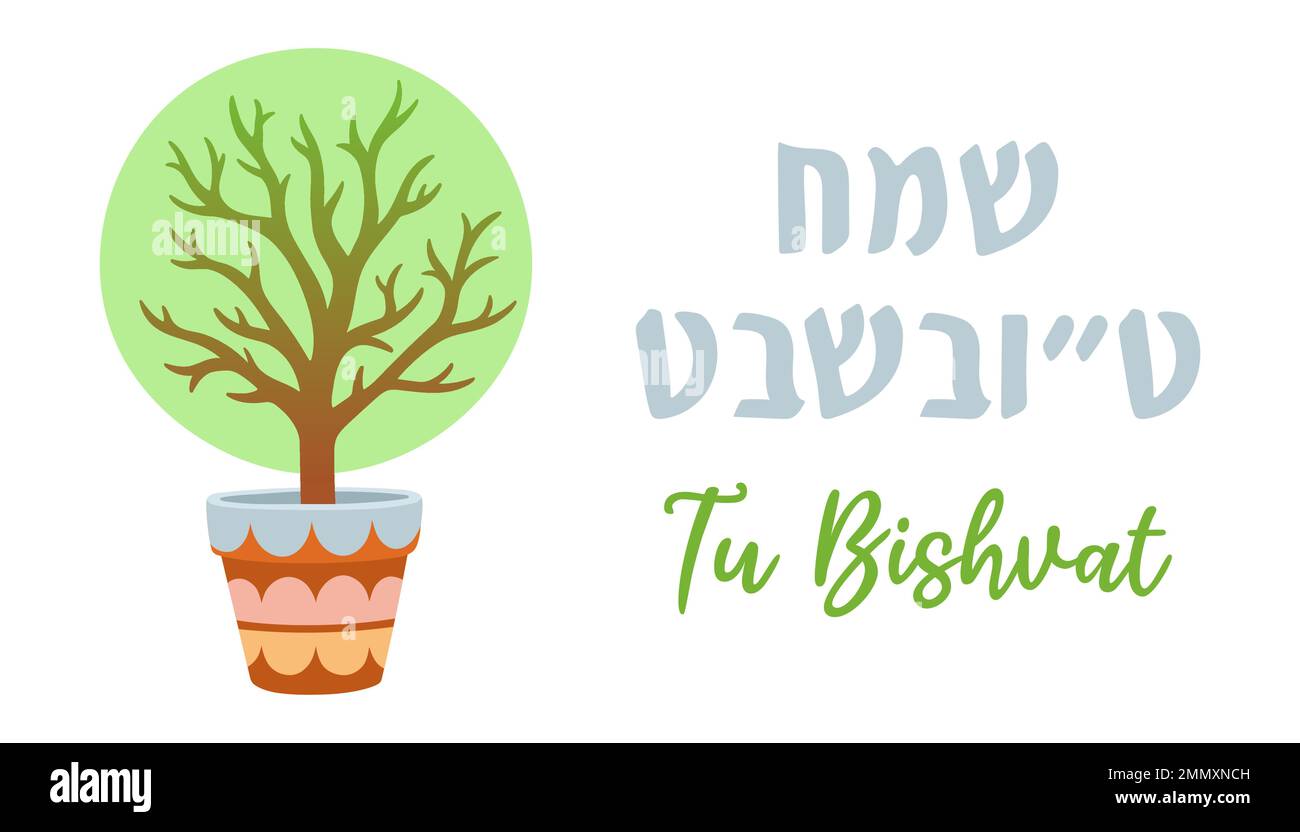 Tu Bishvat vector illustration with tree in a pot. Translation Happy Tu ...