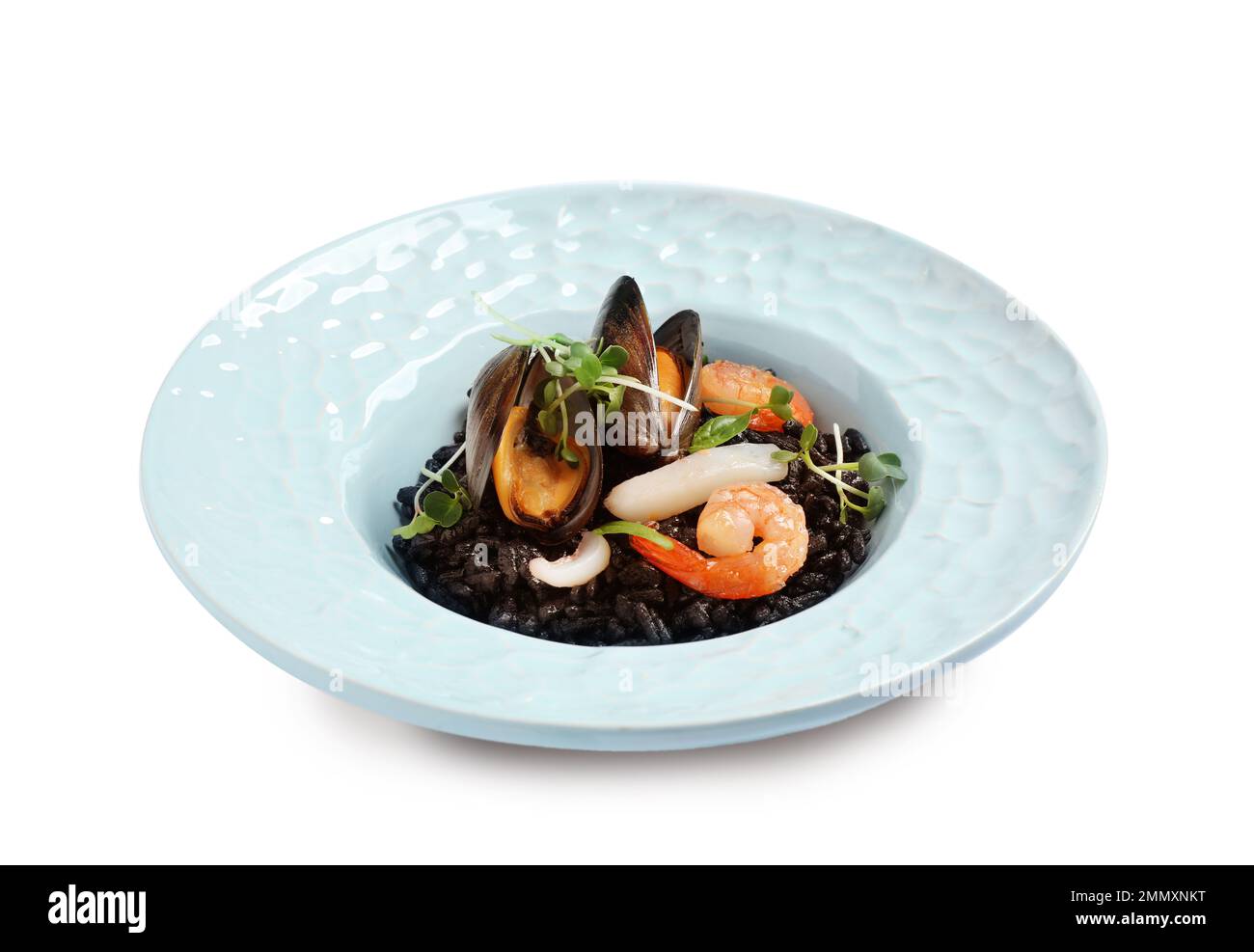 Delicious black risotto with seafood isolated on white Stock Photo - Alamy