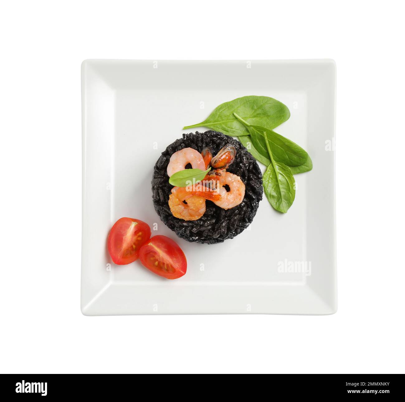 Delicious black risotto with seafood isolated on white, top view Stock ...