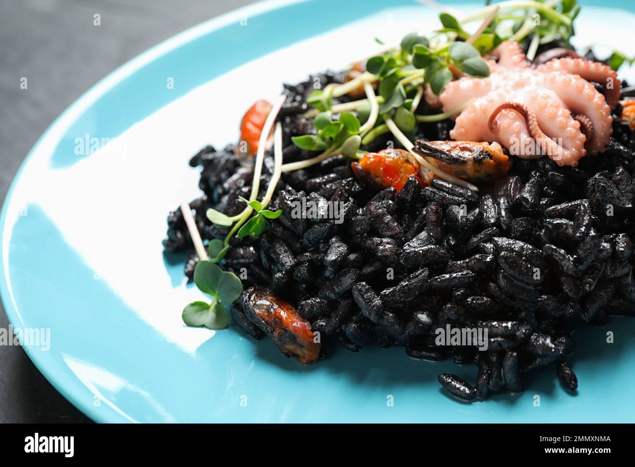 Delicious black risotto with seafood in plate, closeup Stock Photo - Alamy