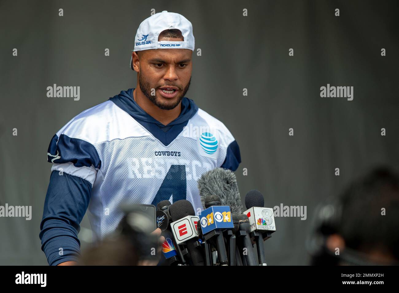 Dallas Cowboys quarterback Dak Prescott takes questions from the media ...