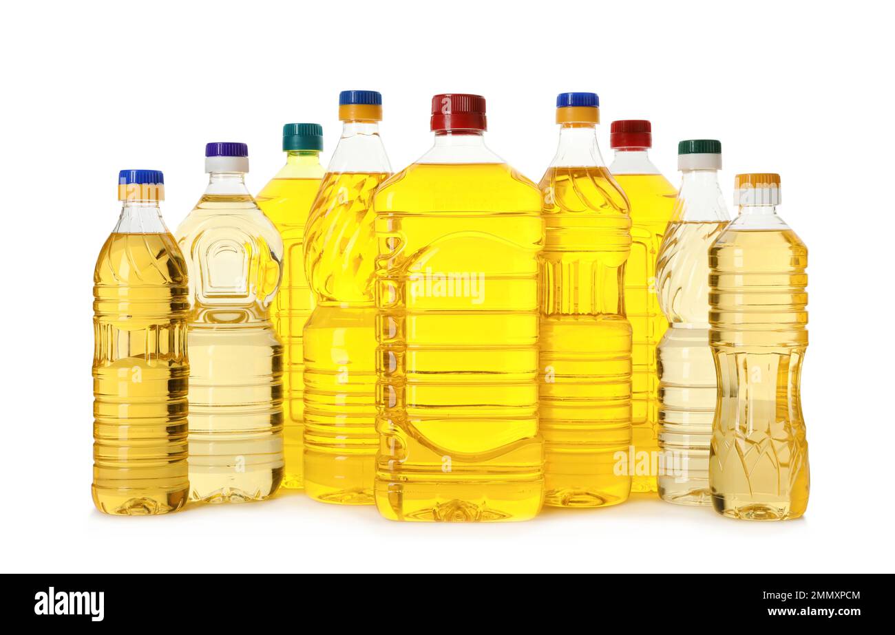 Cooking oil in different bottles isolated on white Stock Photo - Alamy
