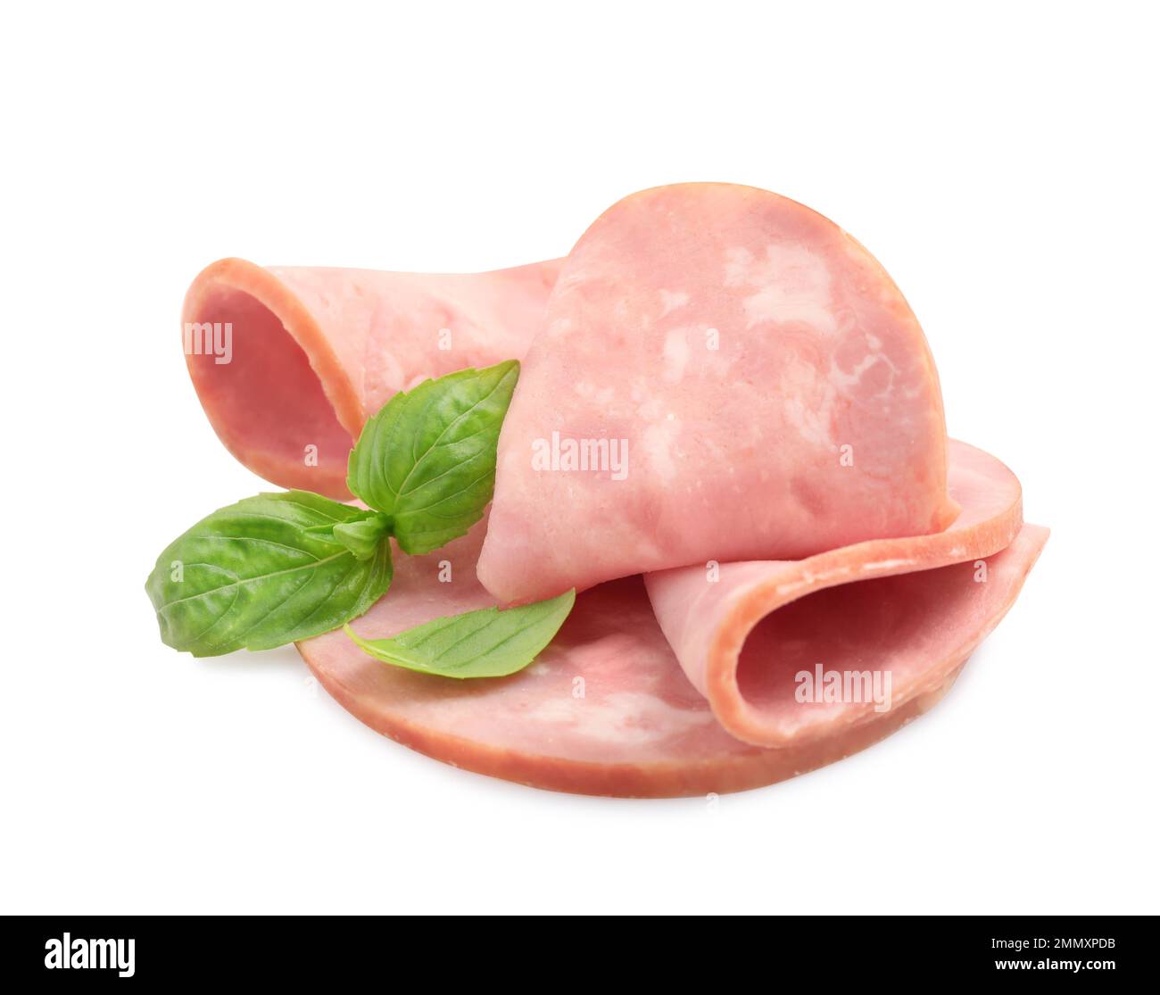 Tasty ham with basil isolated on white Stock Photo - Alamy