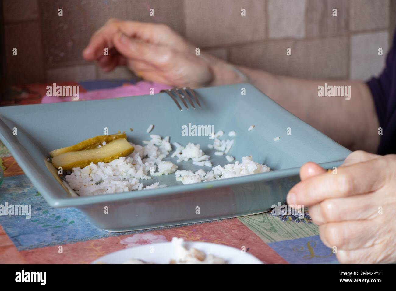 old woman at the dining table on the table rice cucumbers and lard ...