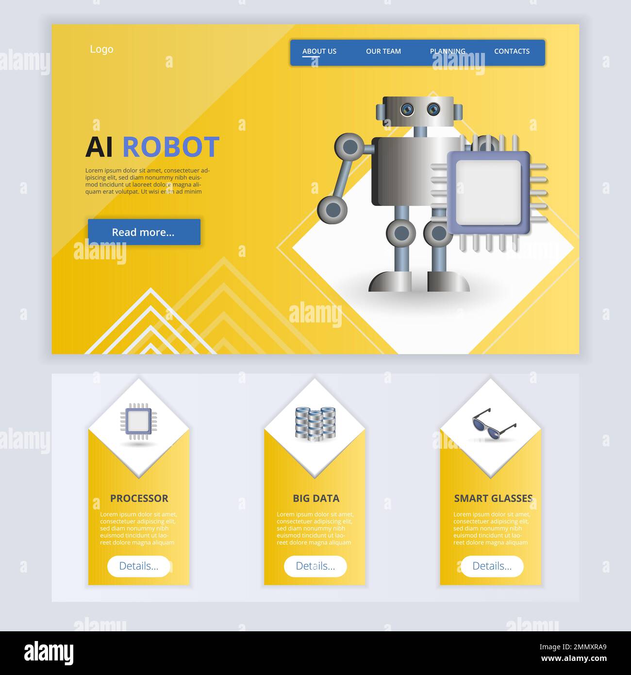 AI Robot flat landing page website template. Processor, big data, smart ...