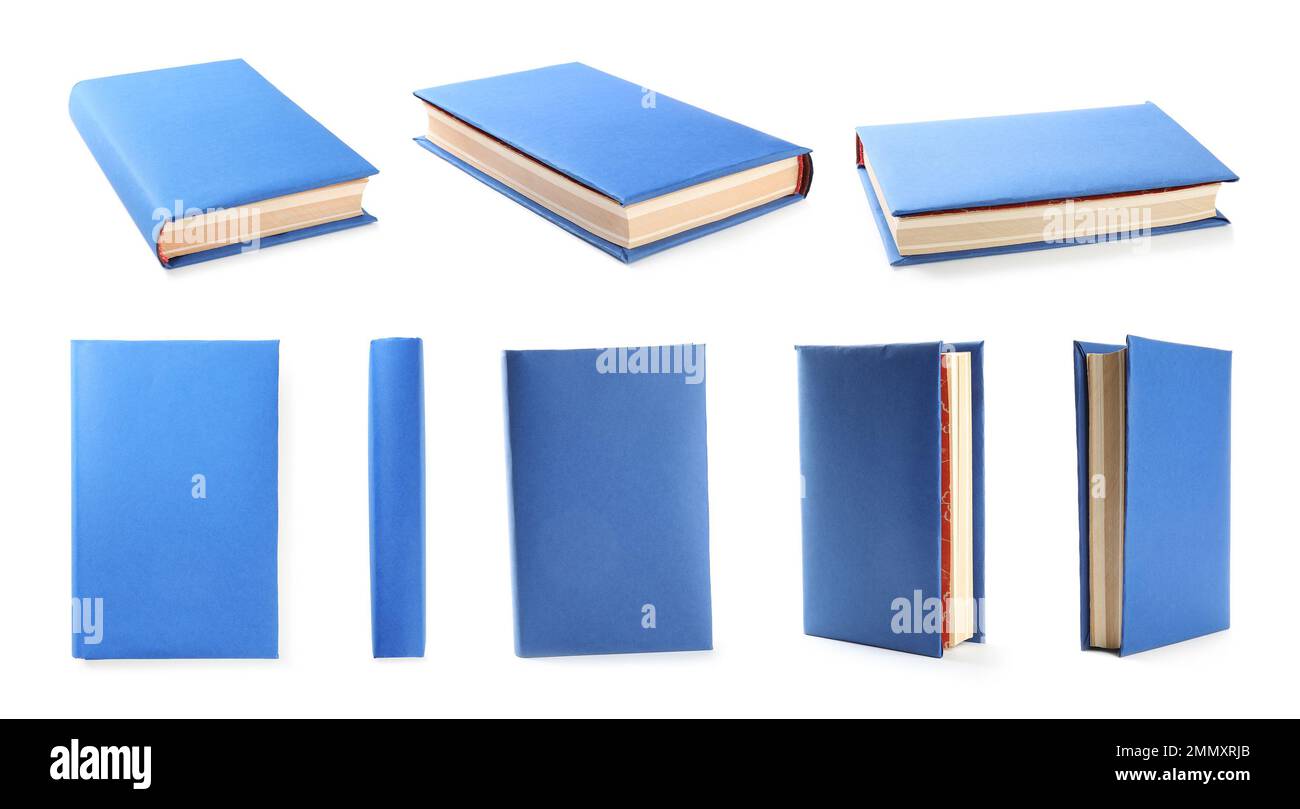 Set of blue cover books on white background Stock Photo - Alamy